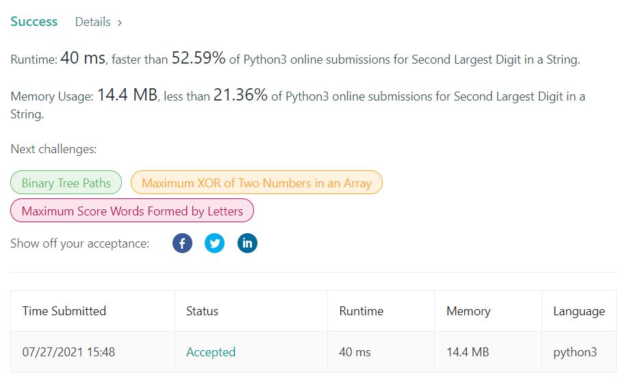 Leetcode 1796 Second Largest Digit In A String PYTHON 