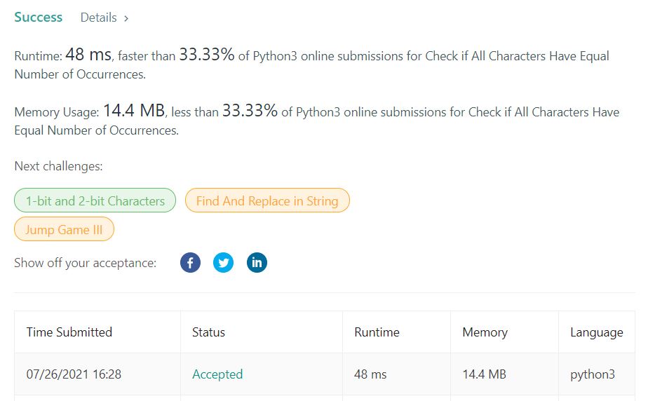 Leetcode 1941 Check If All Characters Have Equal Number Of